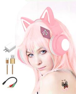 kuayang wireless cat ear headphones (7 color changing) with & 3.5mm jack, gaming pro, bluetooth&wired connection (pink)