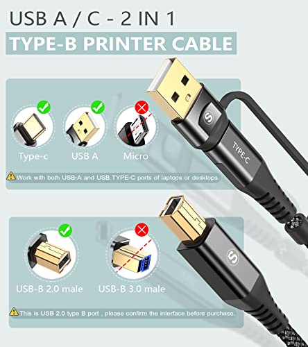 2-in-1 USB-A/C to USB-B Printer Cable 6.6FT, USB C MIDI Cable Nylon Braid High-Speed Printer Cord for MacBook Pro/Air,Digital Piano MIDI Controller,HP Canon Dell Epson Brother Samsung-Black