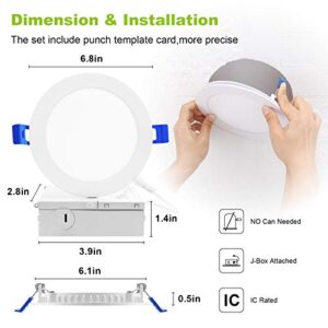 VOLISUN 12 Pack 6 inch Led Recessed Ceiling Light with Junction Box, 2700K/3000K/3500K/4000K/5000K Selectable, 12W=110W Canless Wafer Downlights, 1050LM Dimmable Retrofit Recessed Lighting, ETL