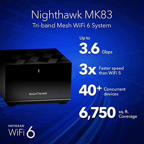 NETGEAR Nighthawk Tri-band Whole Home Mesh WiFi 6 System (MK83) AX3600 Router with 2 Satellite Extenders, Coverage up to 6,750 sq. ft. and 40+ devices