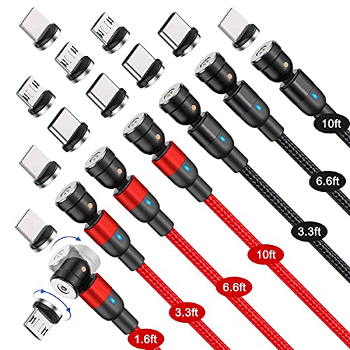 540° Rotation Magnetic Charging Cable（7-Pack, 1.6ft/3.3ft/3.3ft/6.6ft/6.6ft/10ft/10ft）Magnetic USB Cable, 3 in 1 Magnetic Phone Charger Nylon Braided Cord Compatible with Micro USB, Type C, iProduct