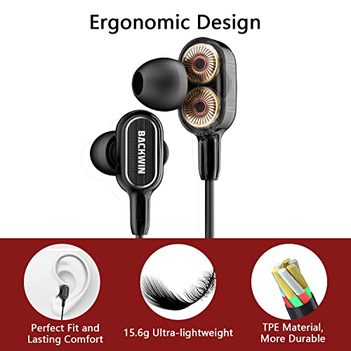 BACKWIN Wired Earbuds, Noise Cancelling Headphones Earbuds Compatible with Mobile/Laptop/Computer/iPad Fits All 3.5mm Jack,in-Ear (Black),Earpads S/M/L