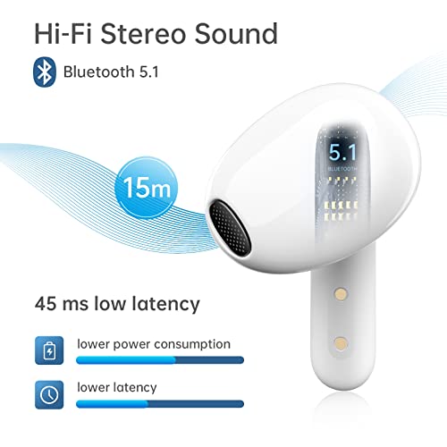 True Wireless Earbuds, 4 Mics Call Noise Cancelling Headphones 13mm Dynamic Driver for Deep Bass & Stereo Sound, Wireless Charging Case, Aadaptive EQ & Low Latency for Online Meeting & Sport（White）