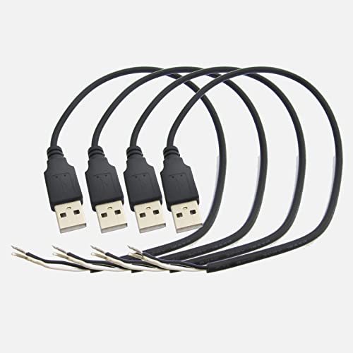 Short Charging USB 2 Wire Pigtail Cable (4 Pack 12 Inch) 30cm 22AWG 3A Black USB Male Power Cable Plug Cord