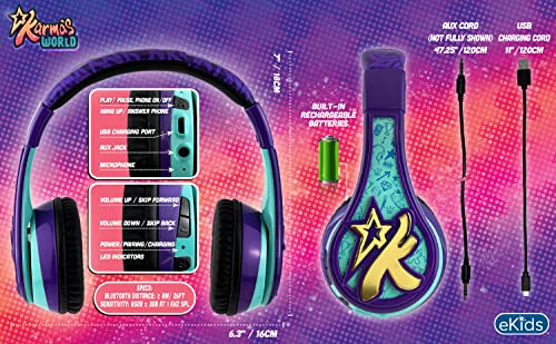 eKids Karmas World Bluetooth Headphones, Wireless Headphones with Microphone Includes Aux Cord, Kids Headphones for School, Home, or Travel