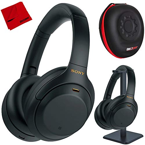 Sony WH1000XM4/B Premium Noise Cancelling Wireless Over-The-Ear Headphones with Built in Microphone Black Bundle with Deco Gear Hard Case + Pro Audio Headphone Stand + Microfiber Cleaning Cloth