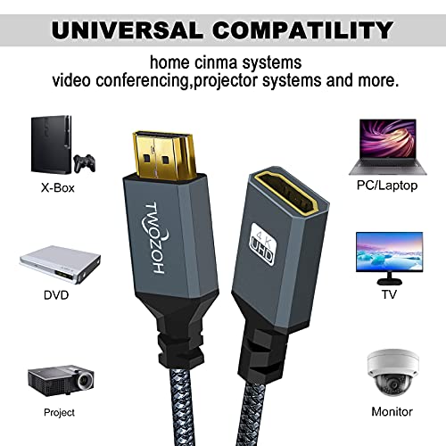 Twozoh HDMI Extension Cable 1FT, HDMI Male to Female HDMI Cord, Nylon Braided HDMI Extender, HDMI 2.0 Cable Adapter Support 4K@60Hz 3D HDR