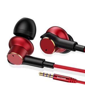 backwin wired earbuds dual-drive iron ring in-ear headphones with mic hi-res immersive sound heavy bass noise isolation earphones bass boost,high fidelity 3.5mm jack ear buds noise-cancelling (red)