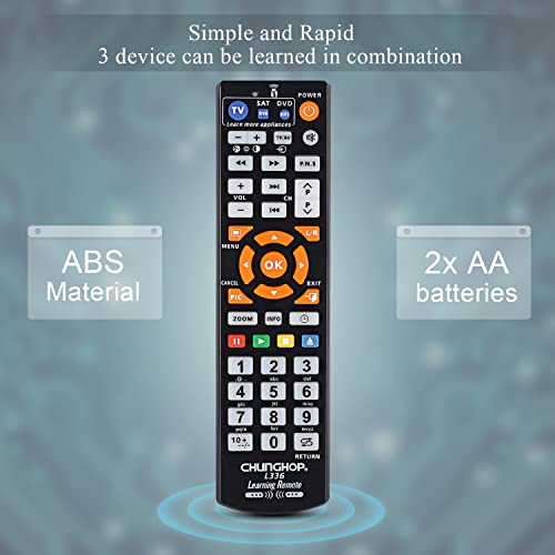 CHUNGHOP Universal IR Learning Remote Control for Smart TV VCR CBL DVD SAT STR-TV CD VCD HI-FI, for All Brands IR Remote 3 in 1 Programmable Controller L336