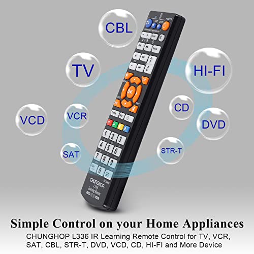 CHUNGHOP Universal IR Learning Remote Control for Smart TV VCR CBL DVD SAT STR-TV CD VCD HI-FI, for All Brands IR Remote 3 in 1 Programmable Controller L336