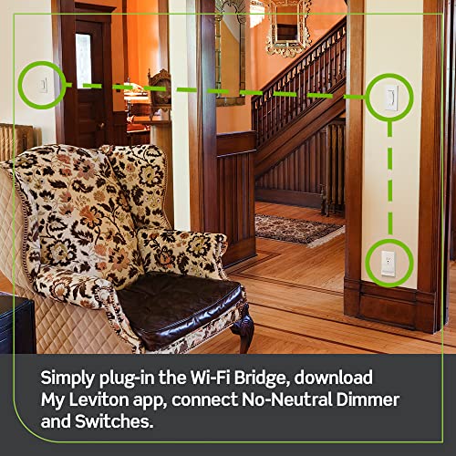 Leviton DN6HD-2RW Decora Smart No-Neutral 600W Dimmer, Requires MLWSB Wi-Fi Bridge to Work with My Leviton, Alexa, Hey Google, HomeKit/Siri, White