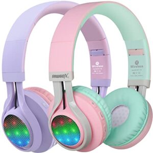 2 packs riwbox wt-7s kids headphones wireless, foldable stereo bluetooth headset with mic compatible with pc/laptop/tablet/ipad purple&pink