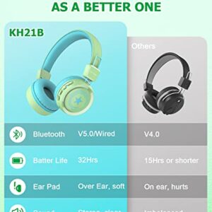 Link Dream Kids Wireless Headphones V5.0 Bluetooth Kids Headphones w/Mic 32H Playtime Soft Padded Stereo Childrens Headphones for Boys Girls School iPad Tablet Cellphons Laptop, Matcha Green