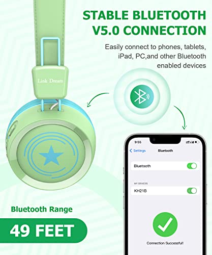 Link Dream Kids Wireless Headphones V5.0 Bluetooth Kids Headphones w/Mic 32H Playtime Soft Padded Stereo Childrens Headphones for Boys Girls School iPad Tablet Cellphons Laptop, Matcha Green