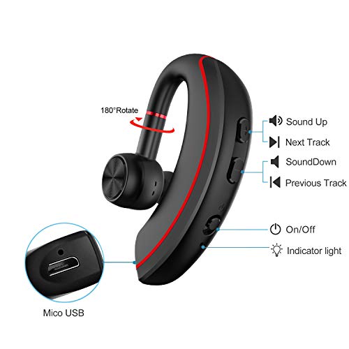 Bluetooth Headset Bluetooth V5.0 Earpiece Wireless Business Headphones Stereo Earphone with Noise Reduction Mic for Cell Phones, Skype, Office/Work Out/Trucker Driving