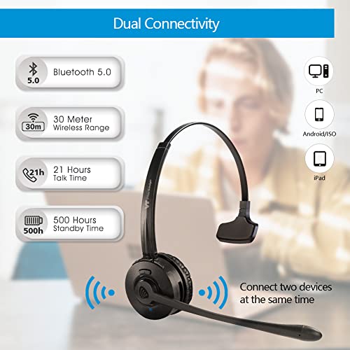 TV Bluetooth-Headset with Environmental-Noise-Cancelling(ENC) Microphone - Wireless Cellphone Computer Headphone with Mute,Volume,Call Control for Trucker,Call Center, Office