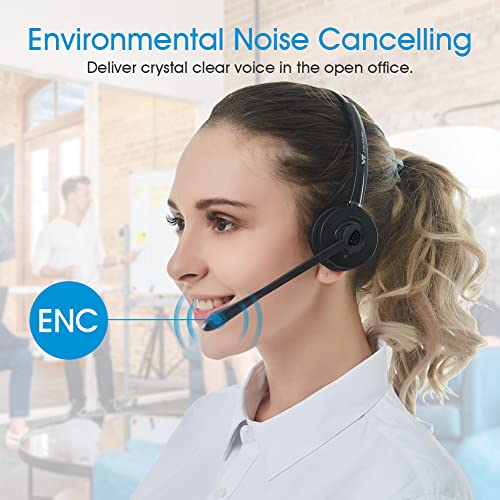 TV Bluetooth-Headset with Environmental-Noise-Cancelling(ENC) Microphone - Wireless Cellphone Computer Headphone with Mute,Volume,Call Control for Trucker,Call Center, Office