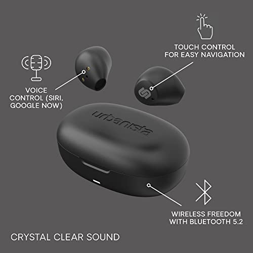 Urbanista Lisbon Wireless Earbuds, Bluetooth 5.2 Enhanced Small Headphones, Touch Controls, 27 Hr Playtime, USB C Fast Charging Case, IPX Sweatproof Headphones for Running, Sports, Midnight Black