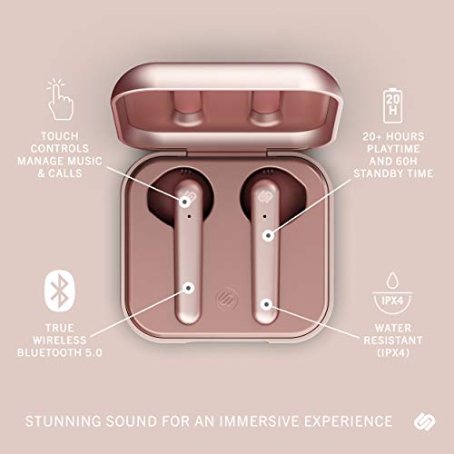 Urbanista Stockholm Plus True Wireless Earbuds - Over 20 Hours Playtime, IPX4 Waterproof Earphones, Bluetooth 5.0 Headphones, Touch Controls & Enhanced Microphone for Clear Calling, Rose Gold