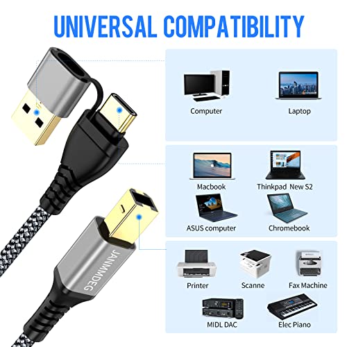 USB-B to USB-C/A Printer Cable 20FT, JANMMEG USB C MIDI Cable Nylon Braided High-Speed Printer Cord for MacBook Pro/Air, Casio Digital Piano MIDI Controller, HP Canon Dell Epson Brother Samsung&More