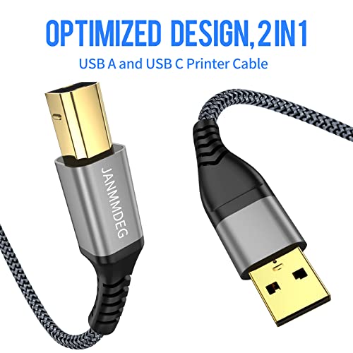 USB-B to USB-C/A Printer Cable 20FT, JANMMEG USB C MIDI Cable Nylon Braided High-Speed Printer Cord for MacBook Pro/Air, Casio Digital Piano MIDI Controller, HP Canon Dell Epson Brother Samsung&More