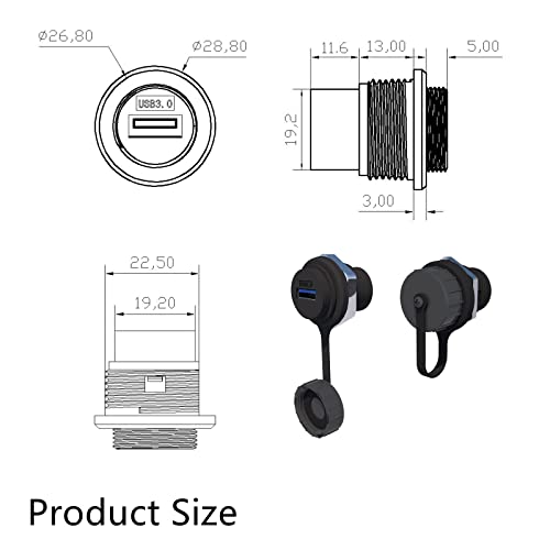 PENGLIN 2PCS Waterproof USB 3.0 Panel Mount Coupler, IP67 USB Pass Through Connector, Female to Female Bulkhead Extension Adapter