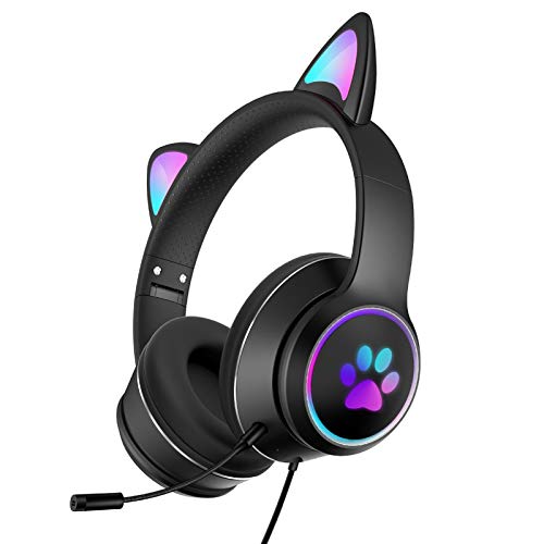 HONUTIGE Gaming Headset Cat Ear Headphone with RGB LED Light Microphone Stereo Sound Glowing Over-Ear Gaming Headsets for Kids and Adult