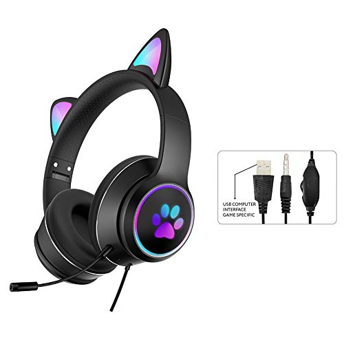 HONUTIGE Gaming Headset Cat Ear Headphone with RGB LED Light Microphone Stereo Sound Glowing Over-Ear Gaming Headsets for Kids and Adult