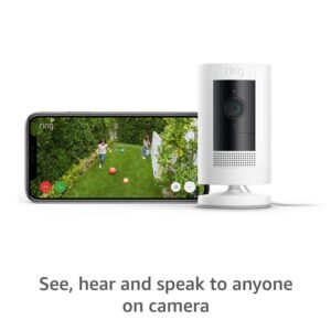 certified refurbished ring stick up cam plug-in hd security camera with two-way talk, works with alexa – white