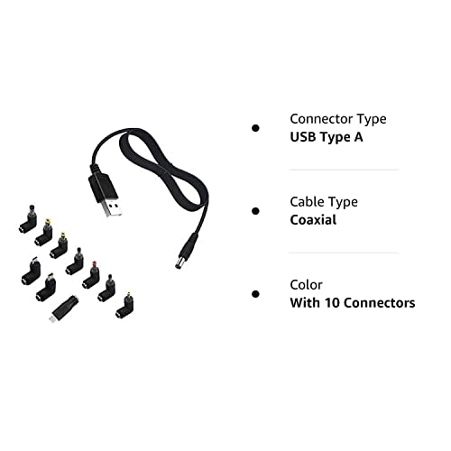 Universal USB to DC 5.5x2.1mm Plug Power Charging Cable with 10 Connectors for Router, Mini Fan, Speaker, Camera, Smart Phone and More Electronics Devices(5FT, DC10+1)