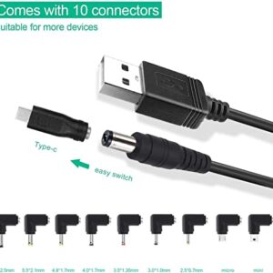 Universal USB to DC 5.5x2.1mm Plug Power Charging Cable with 10 Connectors for Router, Mini Fan, Speaker, Camera, Smart Phone and More Electronics Devices(5FT, DC10+1)