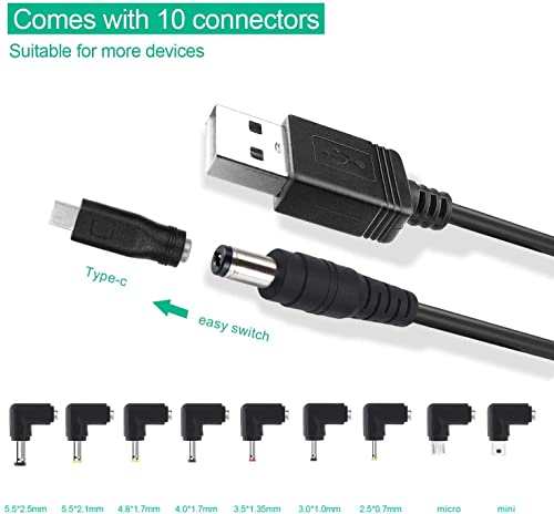 Universal USB to DC 5.5x2.1mm Plug Power Charging Cable with 10 Connectors for Router, Mini Fan, Speaker, Camera, Smart Phone and More Electronics Devices(5FT, DC10+1)