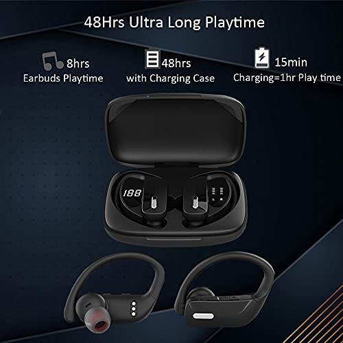 AXX Wireless Earbuds Headphones, Bluetooth IPX5 Waterproof Sport Earphones with Charging Case, Deep Bass Ear Hooks Noise Cancelling Earphones for Gym Running Gaming, Black