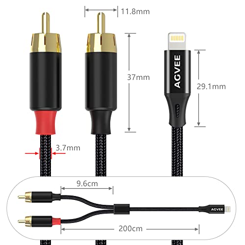 AGVEE 6.6ft [MFi Certified] Lightning to RCA Cable Audio Y Cord Adapter Converter for iPhone 14 13 12 11 XS XR X 8 7 iPad iPod to Car, Home Stereo Speaker Headphone, Amplifiers, HDTV, Black