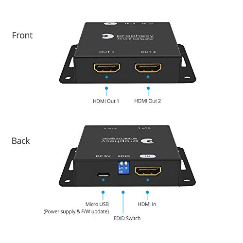 gofanco Prophecy 1x2 HDMI 2.0 Splitter 4K 60Hz YUV 4:4:4 HDR Compact USB Powered Auto Scaling Wall Mount, 3D, HDCP 2.2, EDID, 18Gbps, Low Heat, 2 Port 1 in 2 Out, TAA Compliant