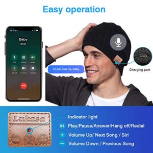 Lukasa Bluetooth Beanie Hat,Mens Gifts V5.0 Unisex Wireless Knit Cap Winter Warm Hats for Running Outdoor Sports with Stereo Headphone Speaker Unique Christmas Tech Gifts for Men Women(Black)