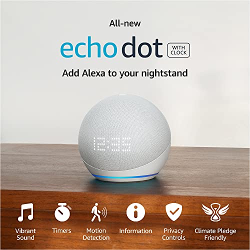 Echo Dot (5th Gen) with Clock| Glacier White with Amazon Basics Smart Color Bulb