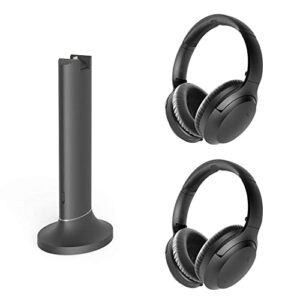 avantree opera dual link bundle – wireless headphones high volume for seniors, hearing impaired (set of 2) & bluetooth 5.0 transmitter charging dock, long range, audio bypass for soundbar, no delay