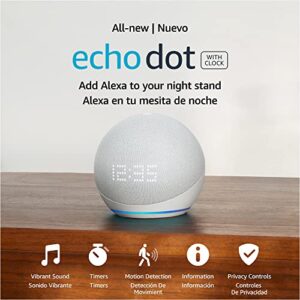 All-New Echo Dot (5th Gen, 2022 release) with clock | International Version with EU Power Adaptor | Smart speaker with clock and Alexa | Glacier White