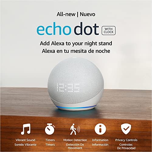 All-New Echo Dot (5th Gen, 2022 release) with clock | International Version with EU Power Adaptor | Smart speaker with clock and Alexa | Glacier White