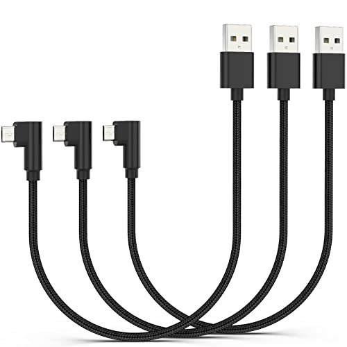 1Ft Right Angle Micro USB Cable 3Pack, Short USB A to Micro B Cord 90 Degree, High Speed Sync Durable Nylon Braided Android USB 2.0 Fast Charging Cable for Samsung S7 Note, Kindle, LG, Power Bank, PS4