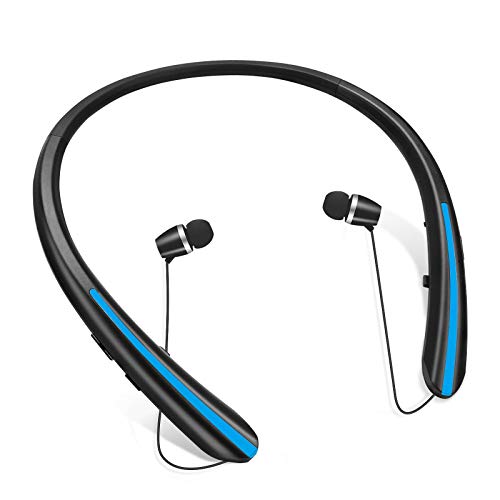 Bluetooth Headphones, Retractable Earbuds Wireless Headset Neckband Sports Noise Cancelling Stereo Earphones with Mic (Black Blue)