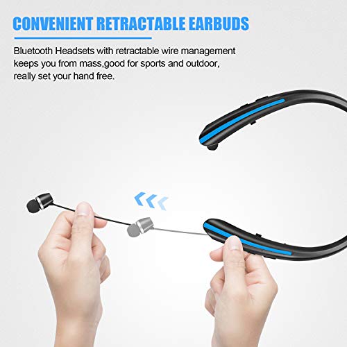 Bluetooth Headphones, Retractable Earbuds Wireless Headset Neckband Sports Noise Cancelling Stereo Earphones with Mic (Black Blue)