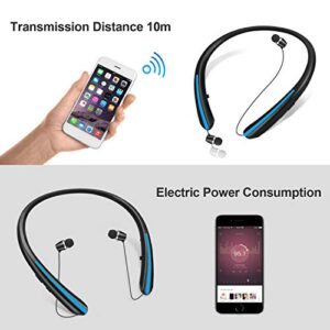 Bluetooth Headphones, Retractable Earbuds Wireless Headset Neckband Sports Noise Cancelling Stereo Earphones with Mic (Black Blue)