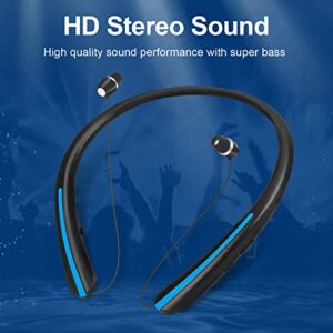 Bluetooth Headphones, Retractable Earbuds Wireless Headset Neckband Sports Noise Cancelling Stereo Earphones with Mic (Black Blue)