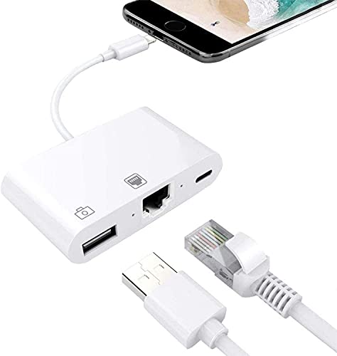 Lightning to Ethernet Adapter, [Apple MFi Certified] 3 in 1 Network Adapter Compatible with Mobile Phone Pad to USB Camera Adapter/SD Card Reader/USB OTG Adapter High-Speed(White)