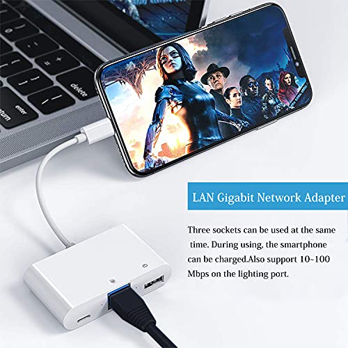 Lightning to Ethernet Adapter, [Apple MFi Certified] 3 in 1 Network Adapter Compatible with Mobile Phone Pad to USB Camera Adapter/SD Card Reader/USB OTG Adapter High-Speed(White)