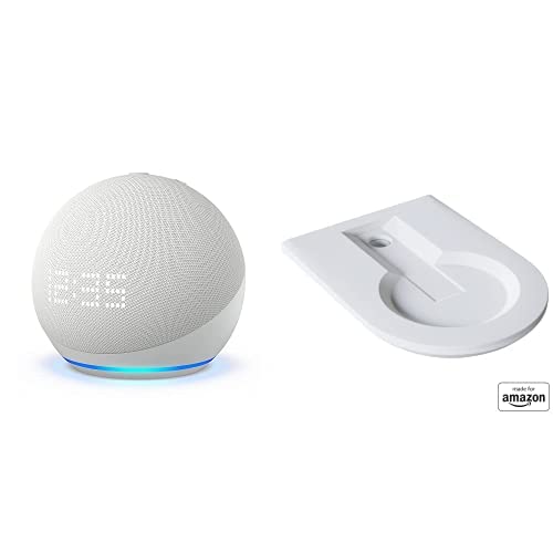 All-new Echo Dot (5th Gen, 2022 release) with clock Bundle. Includes Echo Dot (5th Gen, 2022 release) with clock | Glacier White & the Made For Amazon Wall Mount | White