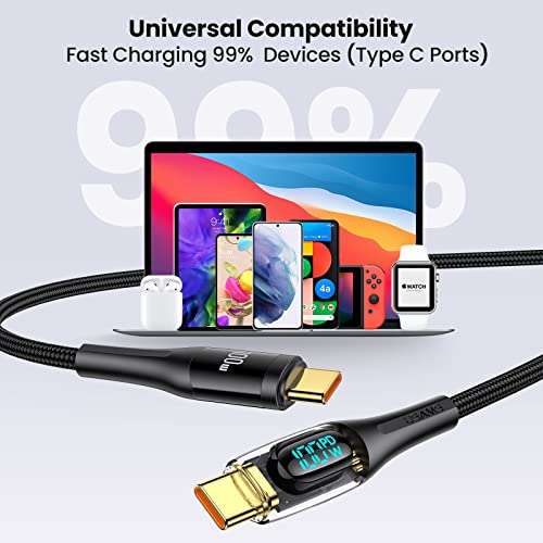 100W USB C to USB C Cable 6.6ft Fast Type C Charger with LED Display PD 5A PD/QC Type C Charging Translucent Cable for Samsung Galaxy S22, iPad, MacBook, Pixel Google, LG and More