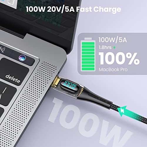 100W USB C to USB C Cable 6.6ft Fast Type C Charger with LED Display PD 5A PD/QC Type C Charging Translucent Cable for Samsung Galaxy S22, iPad, MacBook, Pixel Google, LG and More